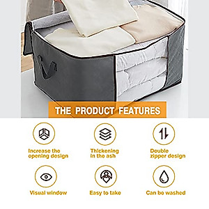 3 Pack Large Capacity Foldable Clothes Storage Bags, Storage Bins Closet Organizers with Clear Window, Sturdy Zipper, Reinforced Handle, Thick Fabric for Clothing, Comforters, Blankets, ( 90L , Grey)