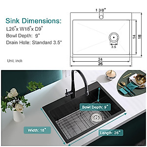 KINKIB 26 inch Drop-in Black Kitchen Sink Single Bowl, Topmount Kitchen Sink with Protective Bottom Grid, Overmount 304 Stainless Steel Kitchen Bar Sink Handmade with Basket Strainer, 26×18×9 inch