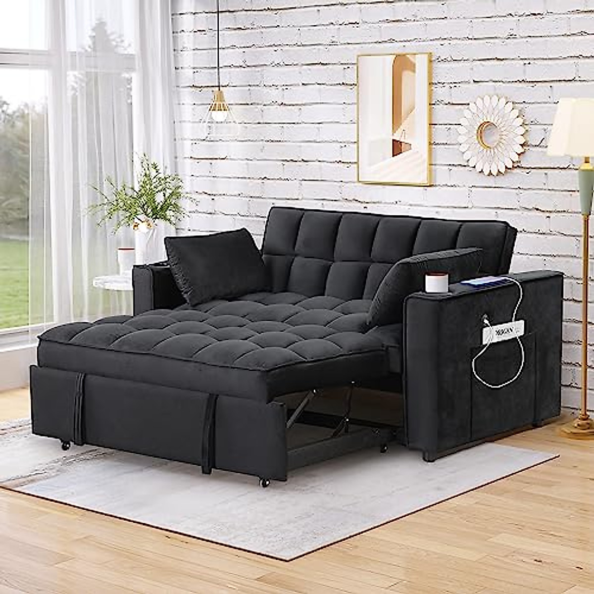 4 in 1 Upholstered Futon Sofa Convertible Twin Sofabed ,Foldable Tufted Loveseat with Pull Out Sleeper Couch Bed, Space Saving Love Seat Daybed W/Side Pockets ,USB Ports & Cupholders for Living Room