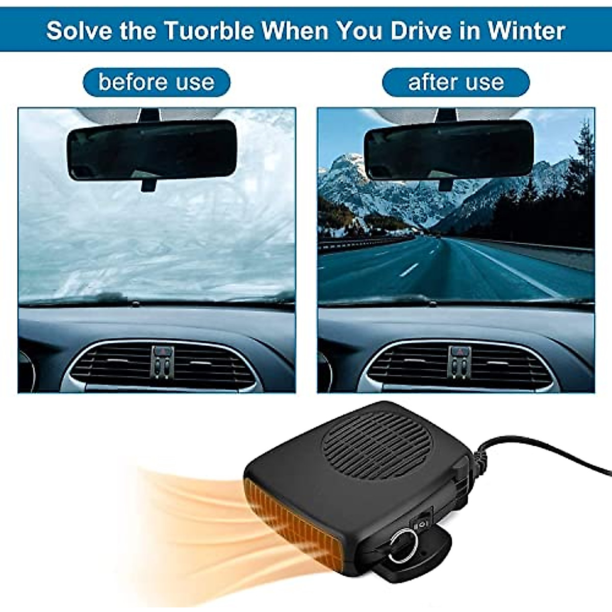 Car Heater 12V - Fast Heating Defrost Defogger with Ergonomic Handle, 2 in1 Fast Heating & Cooling Fan, Outlet Plug in Cigarette Lighte, Automobile Windscreen Fan for All Cars Portable