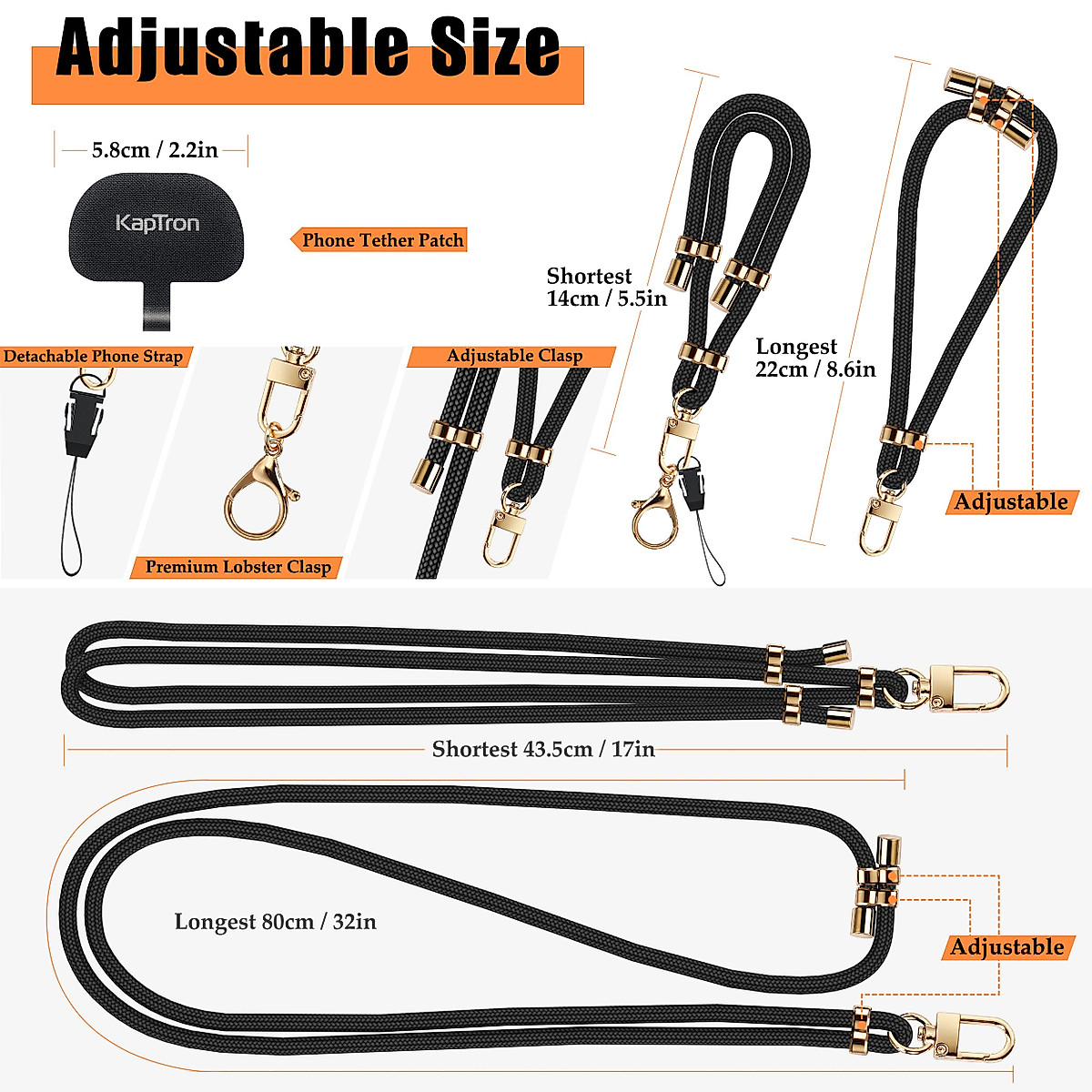 Universal Phone Lanyard with Wrist Strap, Adjustable Crossbody Cell Phone Lanyard Neck Strap and Wristlet Strap with 2 Lobster Clips, Phone Tether Patches and Phone Straps (Black/Gold, 2 Pack)