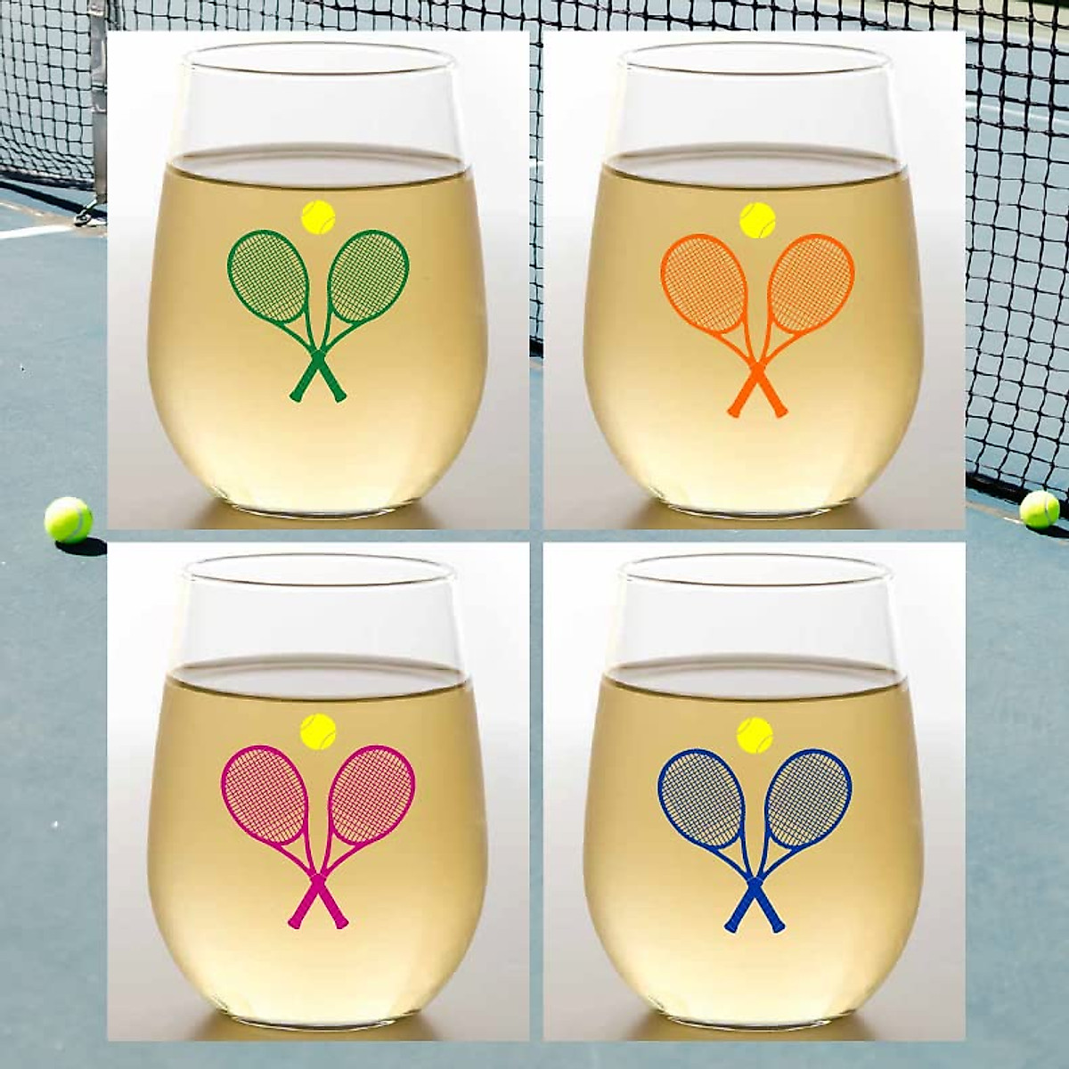 Set of 4 Shatterproof Designer 16 oz Plastic Wine Glasses MADE in the USA (TENNIS)