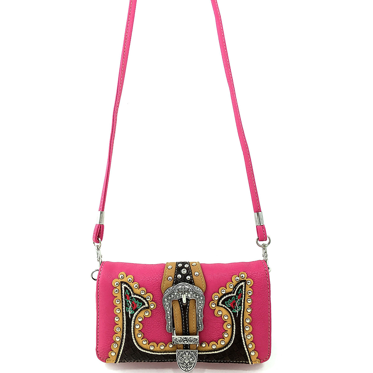 Justin West Embroidery Floral Rose Stud Buckle Wristlet Trifold Wallet Attachable Long Strap (Hot Pink)