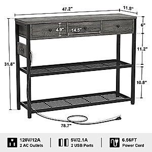 Ecoprsio 47'' Entryway Table with Outlets and USB Ports, Console Table with 3 Drawers, Sofa Table Narrow Long with Storage Shelves for Living Room, Couch, Hallway, Foyer, Kitchen Counter, Grey