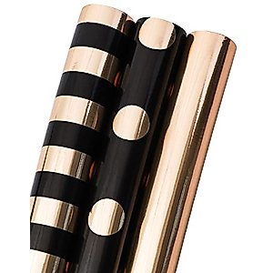 Packanewly Wrapping Paper Roll - 17 inch x 120 inch (3-Pack, 42.3 sq.ft.ttl.) Mini Roll - Black Gold Design with Big Dot, Stripe