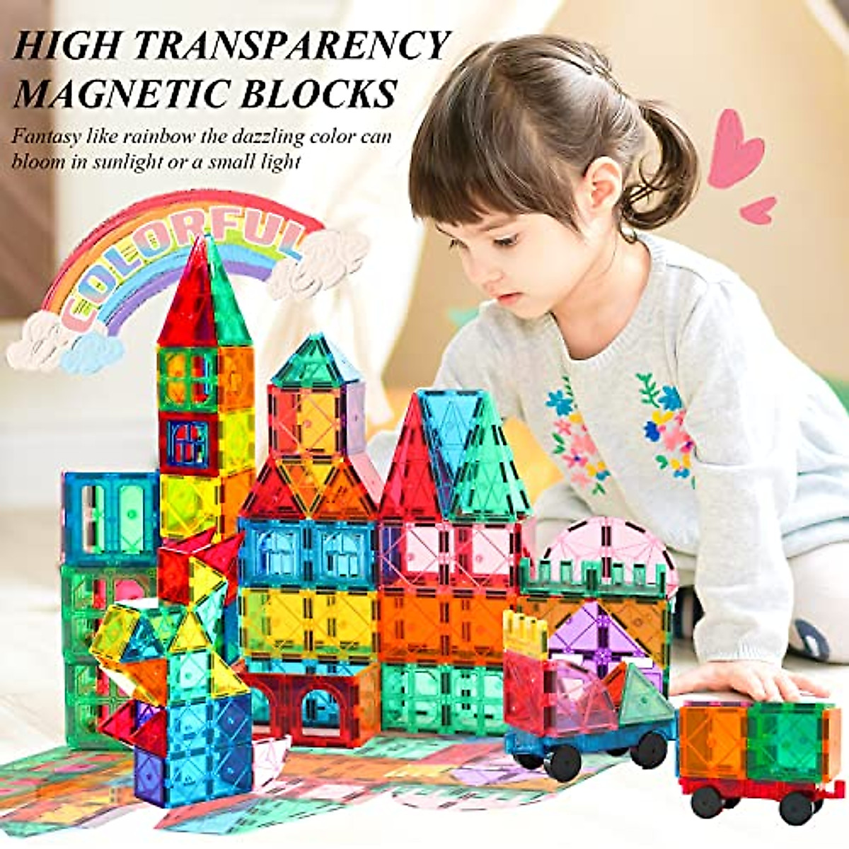 Aquadawn 110 Pieces Magnetic Building Tiles Set with 2 Cars, Magnetic Building Blocks for Toddlers 1-3, Educational Toys Tiles for Kids Ages 4-8, 3D Magnet Building Blocks Toys Gifts for Girls Boys