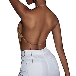 RARITYUS Women Sexy Shiny Rhinestone Tank Top Deep V Neck Chain Crop Top Shirt for Night Club Party Rave Outfit (Beige)