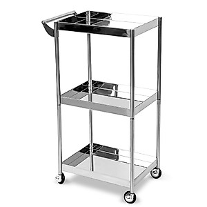 johgee 3 Shelf Mirror Stainless Steel Utility Cart, 3 Tier Stainless Steel Cart with Wheels with Handle, Serving Car, Rolling Medical Cart for Salon, Spa, Lab, Dental Clinic, Lab, Hospital
