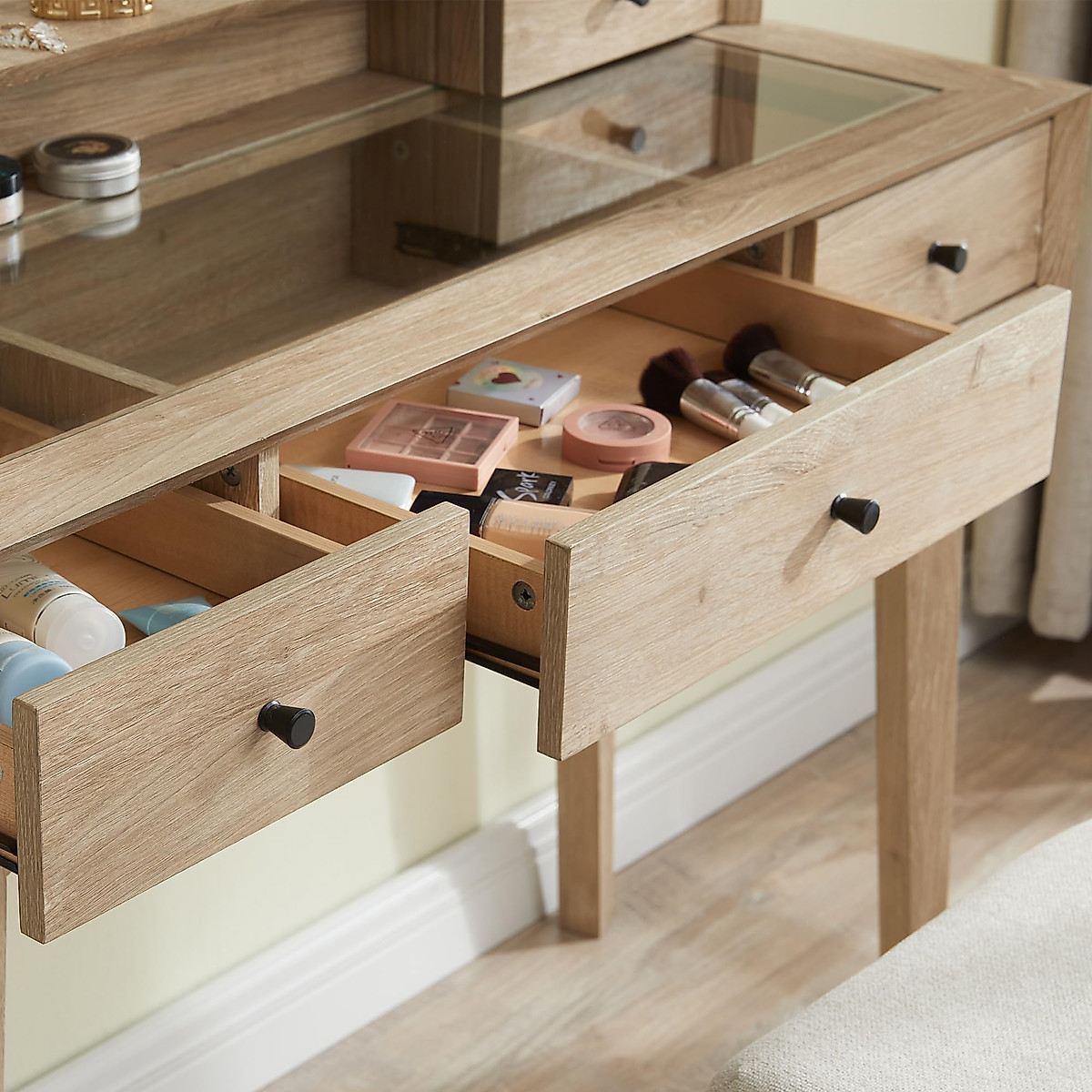 T4TREAM Modern Makeup Vanity Desk with Mirror and Lights，42'' Make up Vanity Table with Glass Tabletop & 5 Drawers, Big Vanity Set with Cushioned Stool & 3 Light Modes for Bedroom, Natural Oak