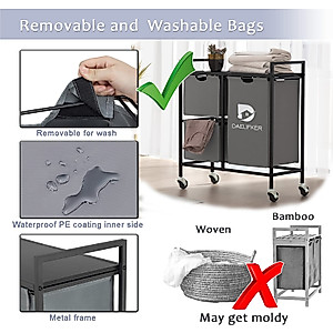 DAELIFKER Laundry Basket, Laundry Hamper 3 Section with Wheels, One Shelf, Metal Frame and Removable Laundry Sorter Bags, Clothes Hampers for Laundry Room (Grey, 85 L)