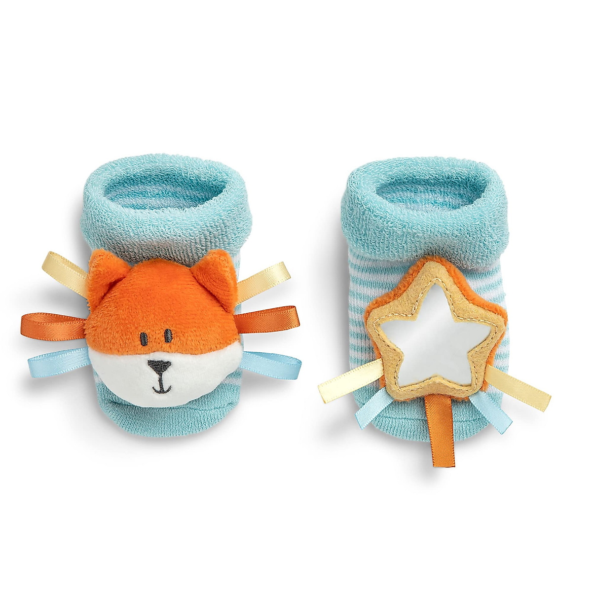 DEMDACO Fox 3-6 Months Blue and Orange Baby Rattle and Mirror Activity Sock Set