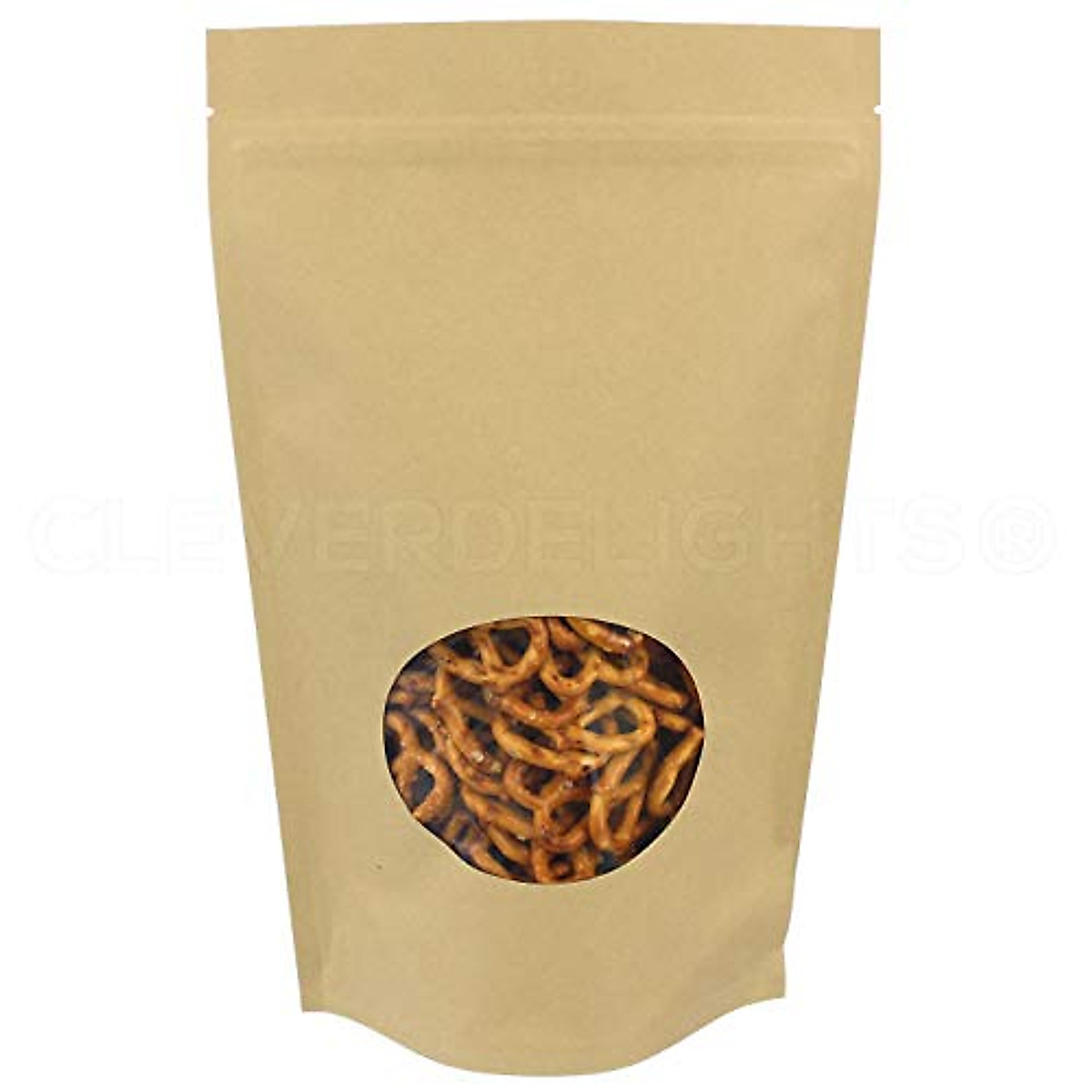 CleverDelights Kraft Window Stand Up Pouches - 16oz - 100 Pack - 7" x 11.5" x 4" - Resealable Bag