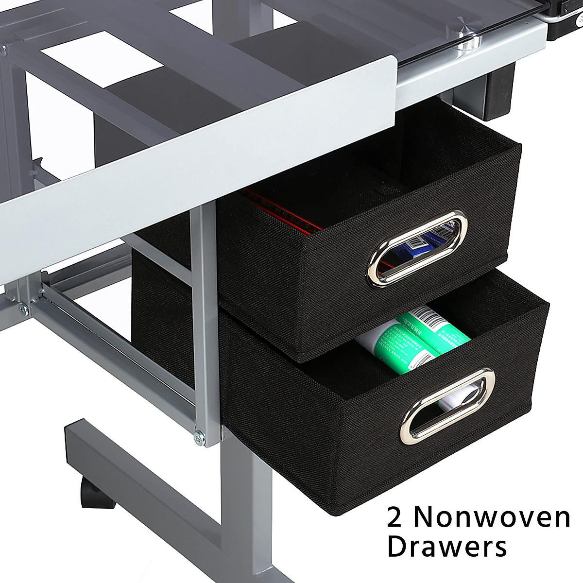 Yaheetech Adjustable Glass Drafting Table Drawing Desk Diamond Art Desk Versatile Art Craft Station Study Table w/ 2 Slide Rolling Wheels and Drawers for Artist Painters Home Office