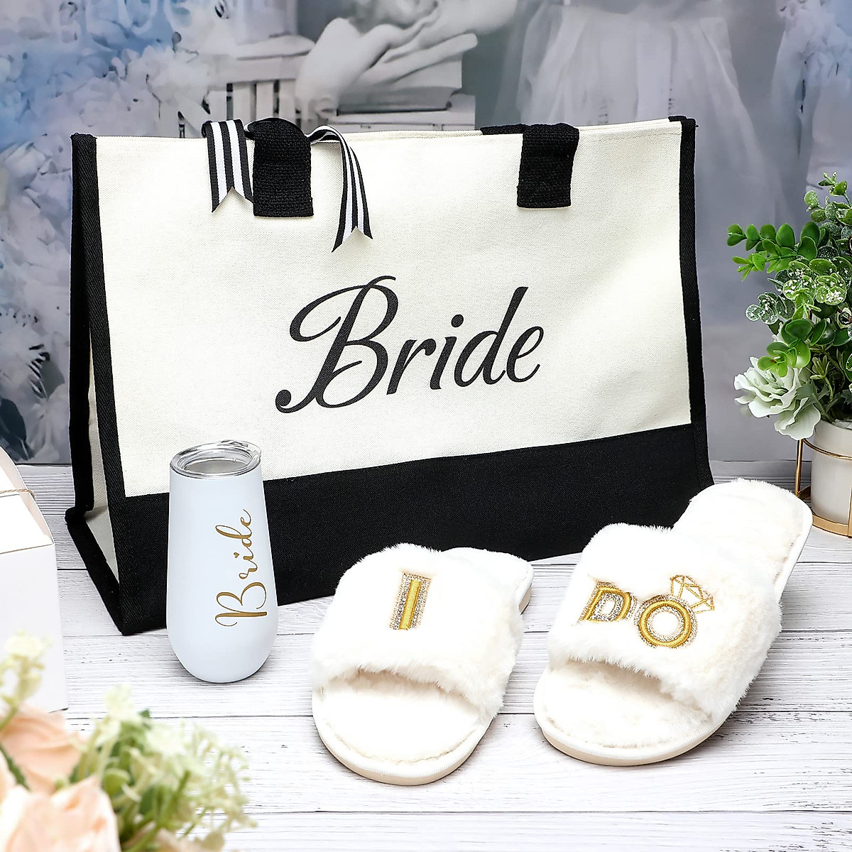 Karenhi 3 Pcs Bride to Be Gifts Set, Include Bride Tumbler Champagne Flutes Wifey Tumbler, Bride Tote Bag Bridal Shower Gift Bag, Women's I Do Slippers for Bride Engagement Weddings Bachelorette Party