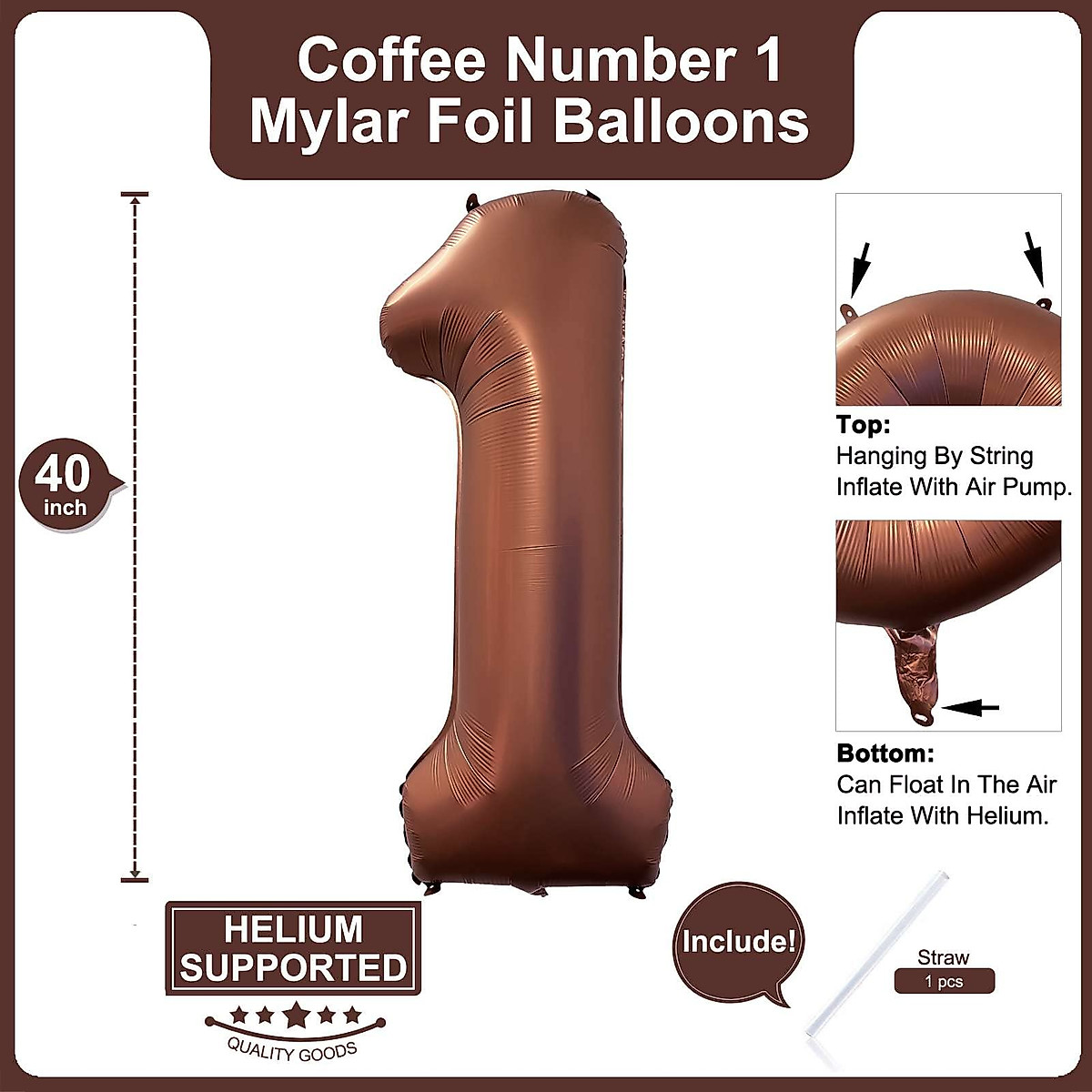 40 Inch Coffee Brown Number 1 Balloon Large Size Jumbo Digit Mylar Foil Retro Brown Helium Balloons for Birthday Party Celebration Decorations Graduation Anniversary Baby Shower Photo Shoot