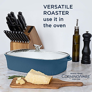 CorningWare, Non-Stick 5.7 Quart QuickHeat Roaster with Lid, Lightweight Roaster, Ceramic Non-Stick Interior Coating for Even Heat Cooking, French Navy