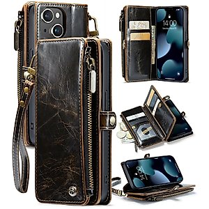 Defencase for iPhone 13 Wallet Case, for iPhone 13 Case Wallet for Women and Men, Luxury Vintage PU Leather Magnetic Flip Wrist Strap Zipper Card Holder Phone Cases for iPhone 13, Luxury Coffee