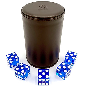 Luck Lab Black Leather Dice Stacking Cup with 5 Serialized Razor Edge 19 mm Casino Dice - Pro Straight Cup for Stacking and Magic Tricks (Blue Dice)