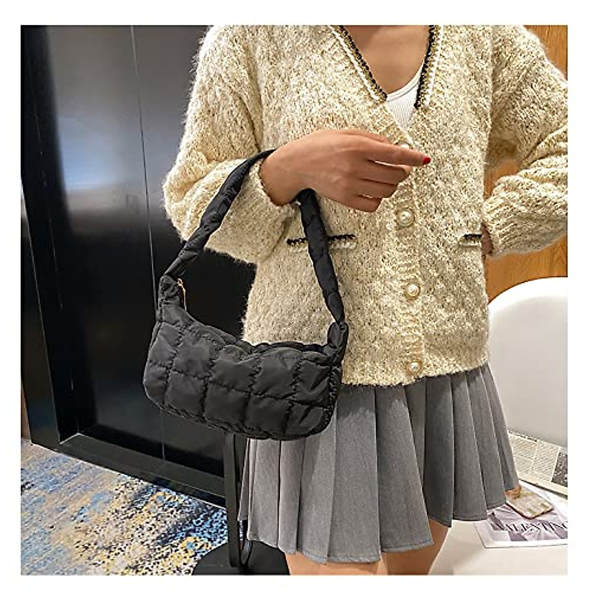 Suillty Cloth Down Cotton Padded Shoulder Bag Lattice Folds Rhombus Thread Underarm Bag for Women Girls