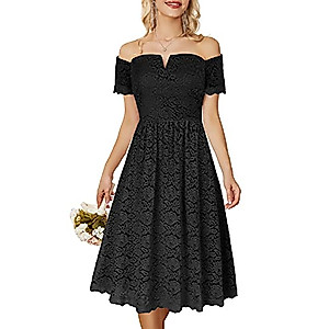 Women's Wedding Dress Short Sleeve Lace Dress Bridal Shower A Line Bridsmaid Party Dresses Black M
