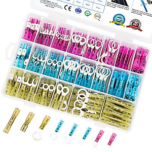 TICONN 250Pcs Heat Shrink Wire Connectors, Waterproof Automotive Marine Electrical Terminals Kit, Crimp Connector Assortment, Ring Fork Spade Splices
