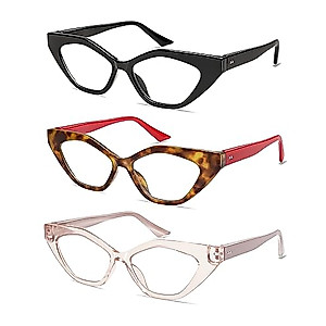 AMOMOMA 3 Pack Trendy Reading Glasses for Women,Blue Light Narrow Cute Cat Eye Readers AM6100 C1+C2+C3 1.0