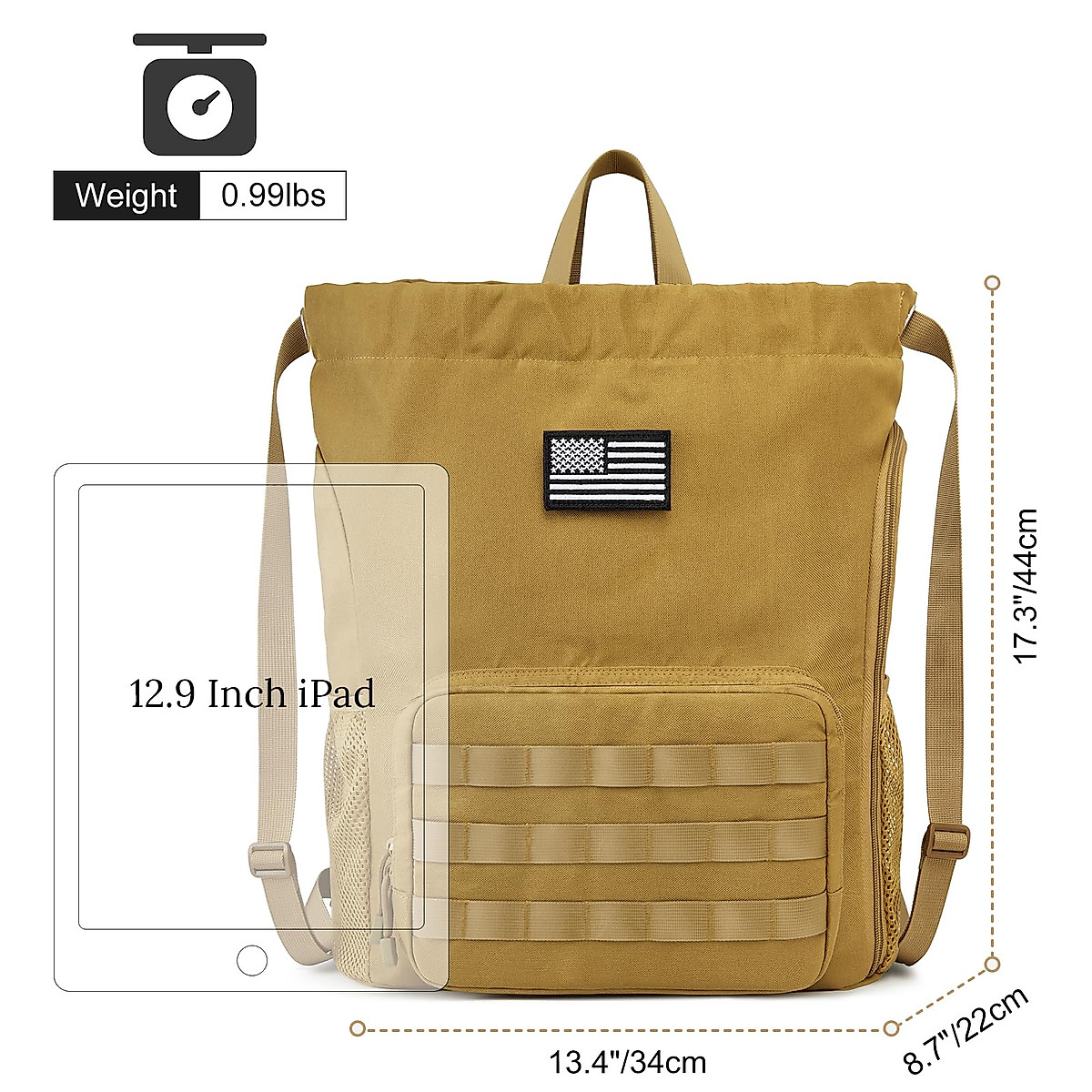 G4Free Drawstring Backpack Gym Backpack Soccer Basketball Bag with Shoes Compartment Tactical Water-Resistant String Sports Bag for Men Women(Tan)