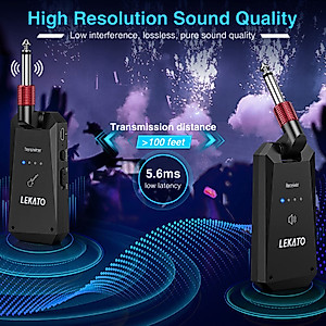 LEKATO WS-90 Wireless Guitar System 5.8GHz, Rechargeable Wireless Guitar Transmitter Receiver Upgrated 8H Battery Life, 4 Channels Guitar Wireless System for Electric Guitar Bass