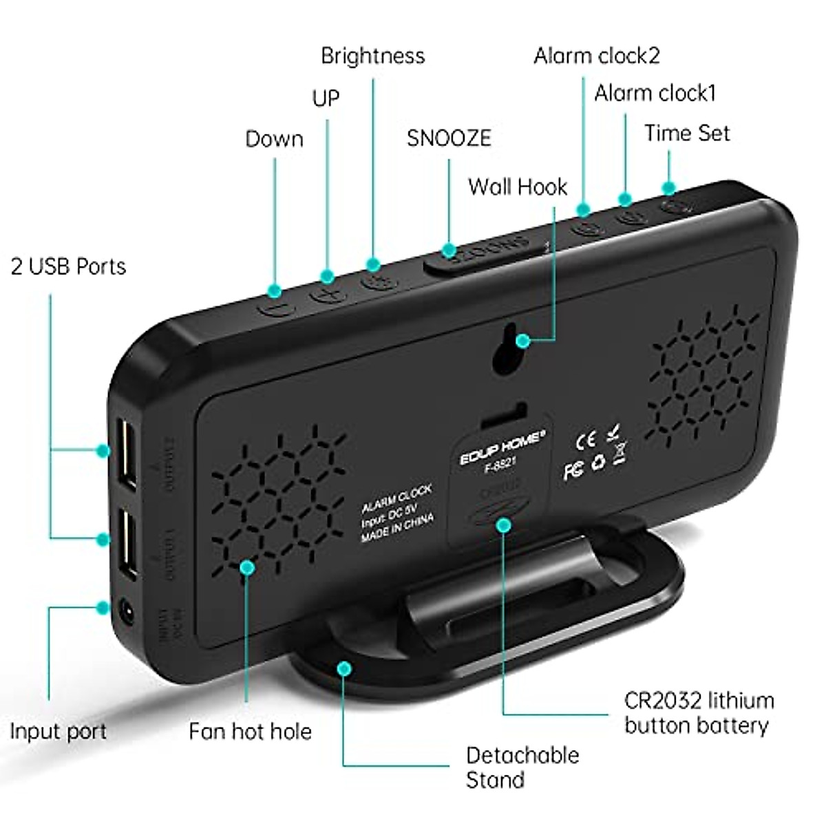 EDUP LOVE Digital Alarm Clocks, LED Mirror Electronic Clock, Snooze Mode, 12/24H, Adjust Brightness, Modern Desk & Wall Clocks for Bedroom Living Room Office - Black