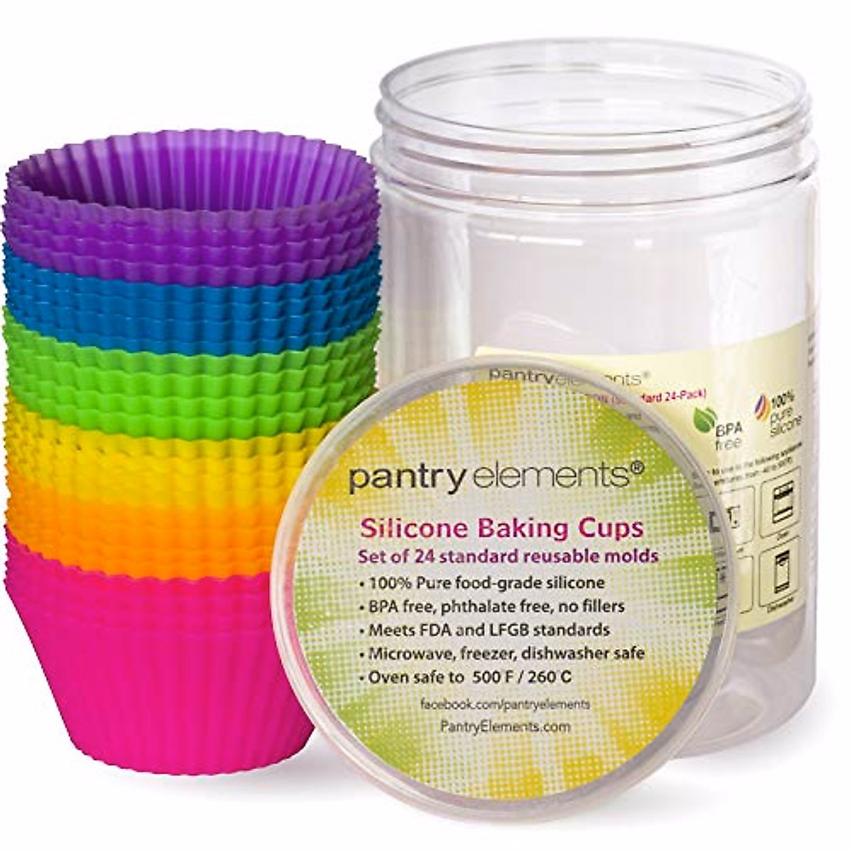 Pantry Elements Silicone Baking Muffin cups with Bonus Gift Storage Jar, 24 Pack, Heavy Duty, Reusable Non-stick, BPA Free Molds, The Original Rainbow Vibrant Silicone Cupcake Liners