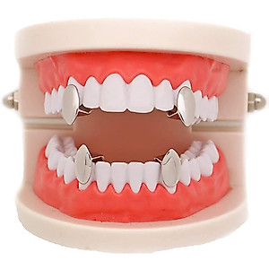 canjoyn 4 PC Vampire Dracula Single Metal Fangs Hip Hop Teeth 18K Grillz Set