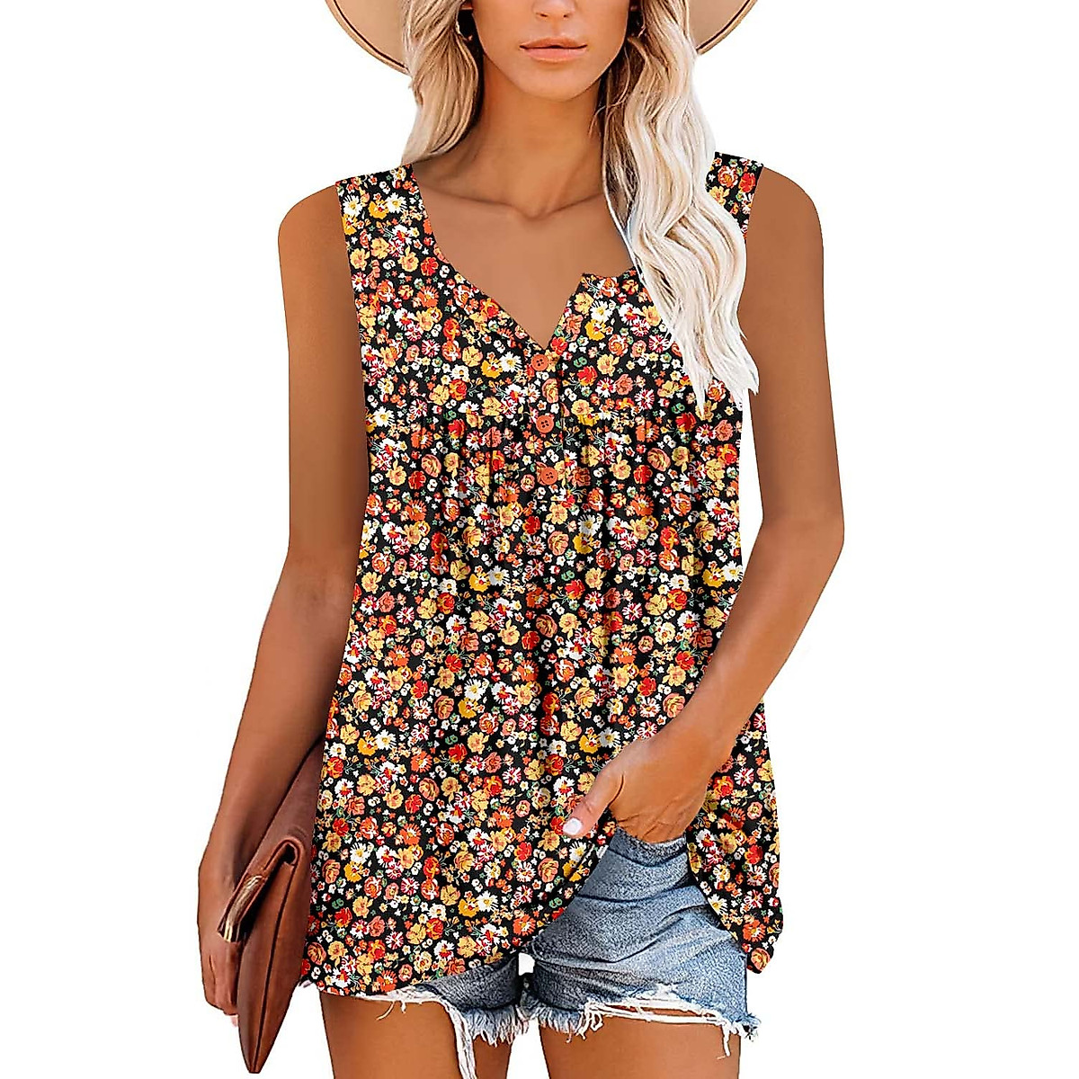 Tank Top for Women Yellow Red Floral Sleeveless Tops Floral Tops L