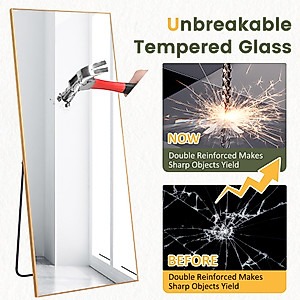 NeuType Full Length Mirror, 64"x21" Floor Mirror, Gold Aluminum Alloy Frame, Tempered Glass Full Body Mirror, Standing Mirror Wall-Mounted for Living Room Bedroom Hallway Dressing