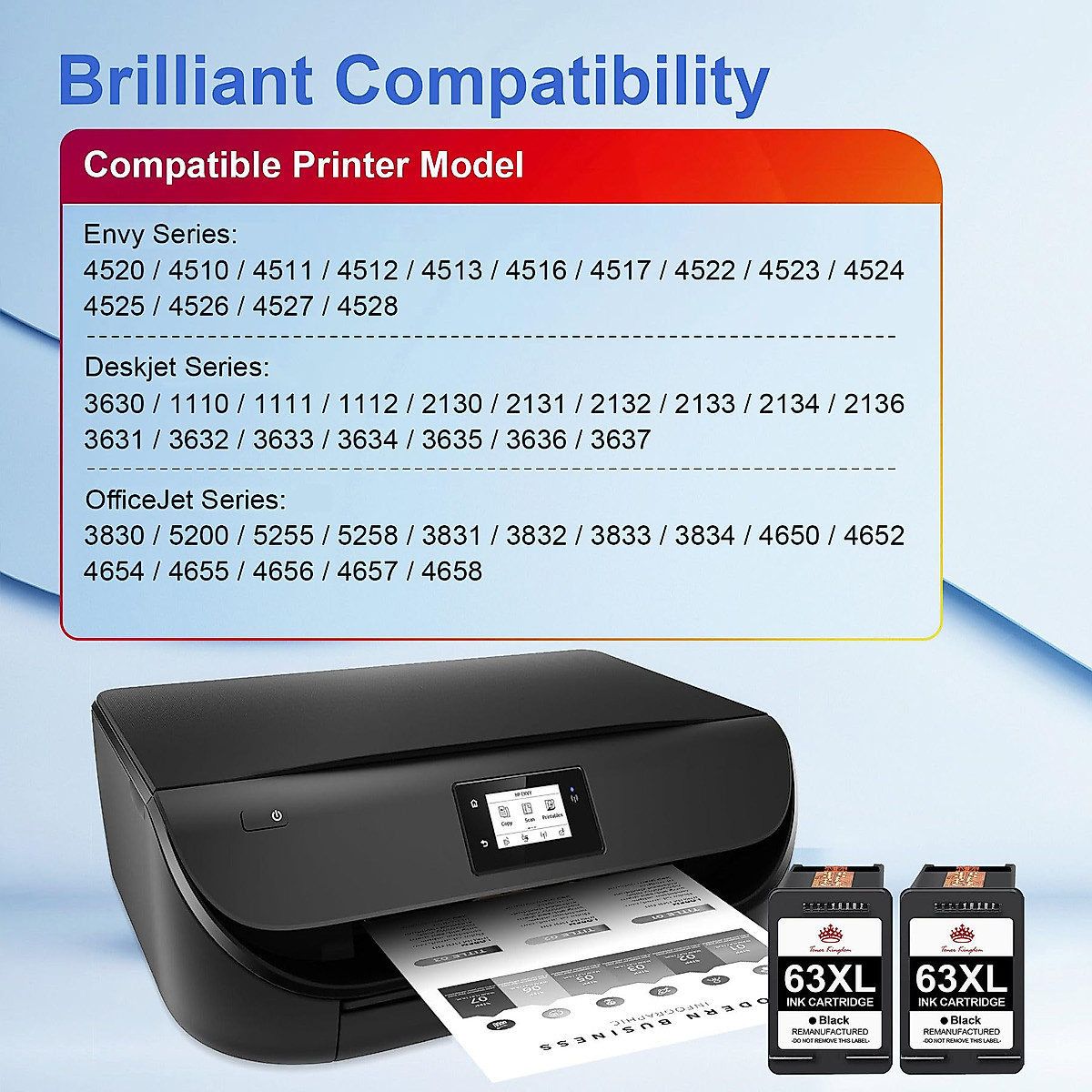 Toner Kingdom Remanufactured Ink Cartridge Replacement for HP 63XL Black Ink Cartridge for HP Officejet 3830 4650 5255 3832 Envy 4520 4512 4516 Deskjet 1112 3630 3634 3639 2132 Ink Printer (2 Black)