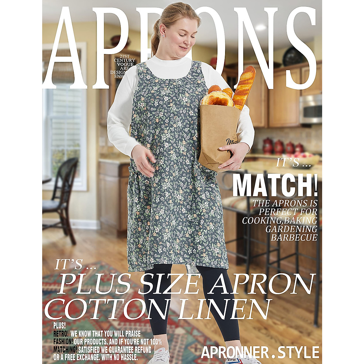APRONNER Big Plus Size Aprons for Women with Pockets Cotton Linen Baking Kitchen Cooking Pastoral Style