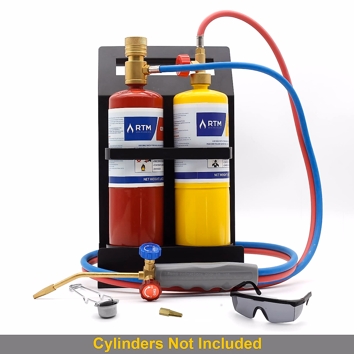 RTMMFG Oxygen MAPP Torch Kit Portable Cylinder Metal Stand, for Soldering, Brazing, Sparker, Protection glass, Extra nozzle(Gas Cylinders Not Included)