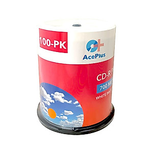 AcePlus 100 White Inkjet Hub-Printable CD-R Recordable Discs with 52x Recording Speed and 700 MBs of Data (100-pk Cakebox)