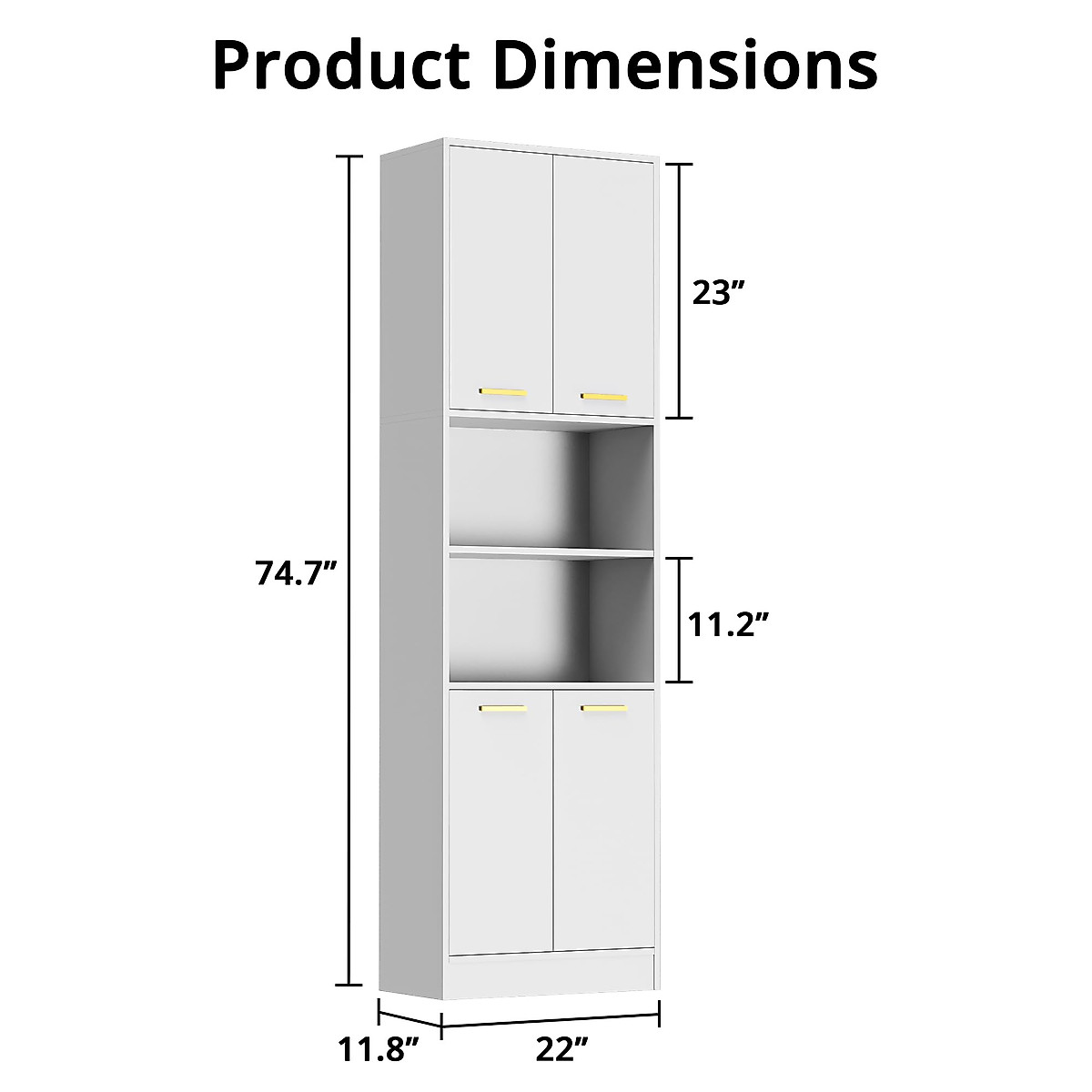 Kitchen Pantry Storage Cabinet 75" Tall 4 Doors Wood Freestanding Cupboard with Open Countertop and Adjustable Shelves Utility Hutch Cabinet for Dining Room Living Room Laundry Bathroom, White