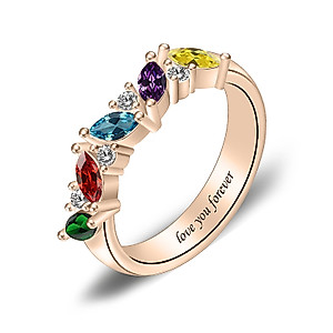 Seecoco Personalized Mothers Ring with Simulated Birthstones Engraved Family Names Mother's Day Rings Custom Family Rings for Women (Color 10)