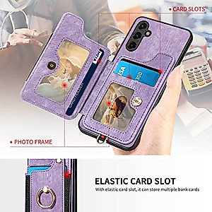 A14 5G Case,Card Holder Wallet for Galaxy A14 5G Phone Case,Ring Holder Stand,RFID-Blocking,Wrist Strap,Camera Protector,Leather Protective Magnetic Flip Cover for Samsung A14 5G Case (Purple)