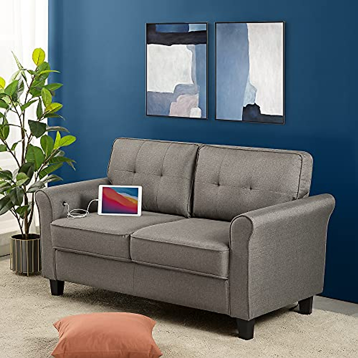 ZINUS Sayan Loveseat with USB Ports, Tool-Free, Easy Assembly, Sand Grey