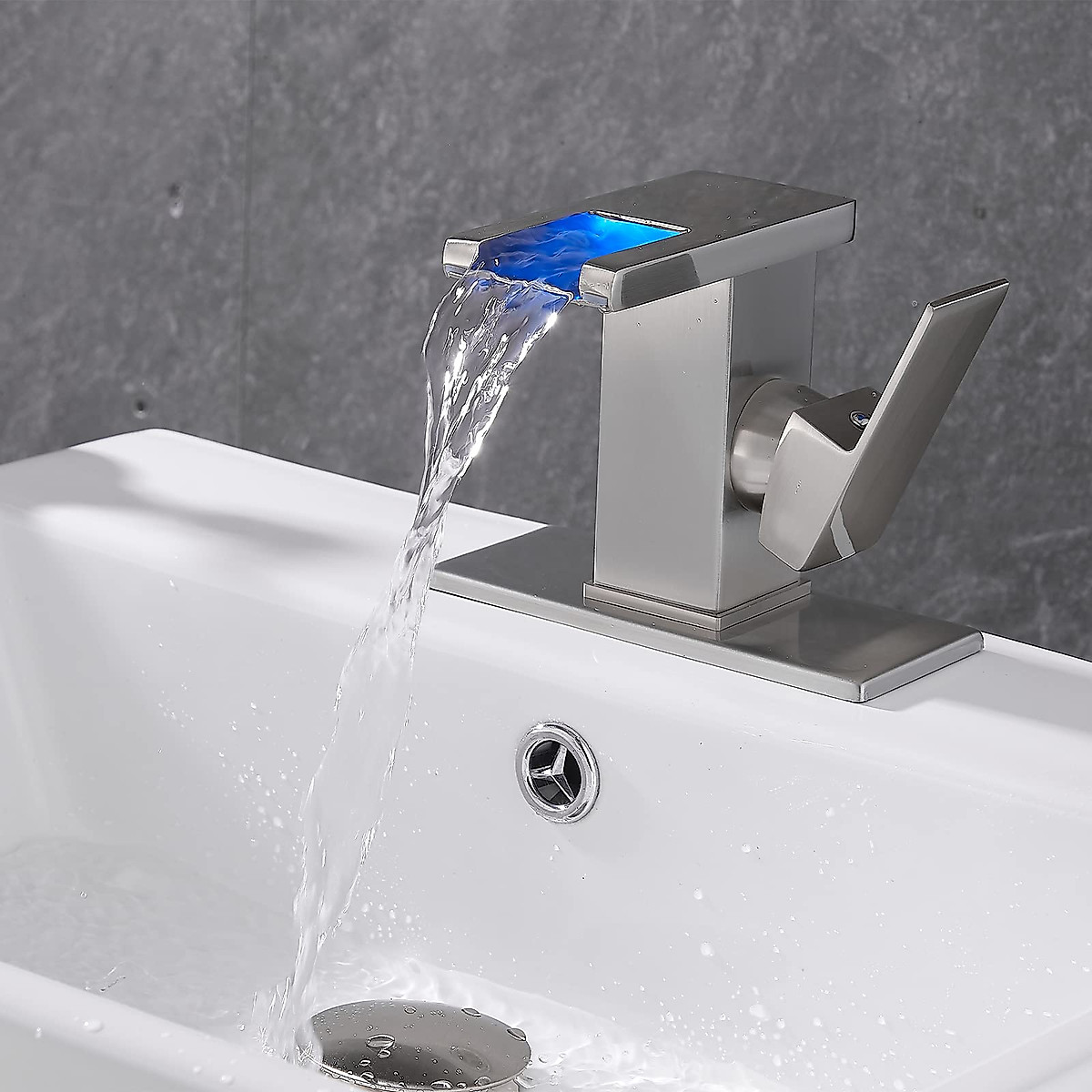 LOOPAN Led Waterfall Bathroom Faucet One Hole Single Handle,3 Colors Changing Waterfall Spout Brushed Nickel Faucet for Bathroom Sink Mount Vanity Faucet Lead-Free for Commercial Residentia
