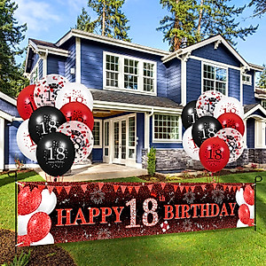VXTRRI Red 18th Birthday Decorations for Boys Girls, Red Black Glitter 18th Birthday Banner Yard Sign and 16Pcs Red Black 18th Birthday Latex Balloons for 18th Birthday Anniversary Party Supplies