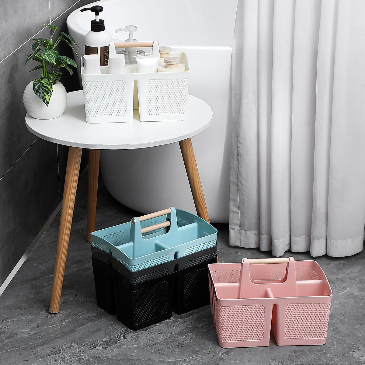 rejomiik Portable Shower Caddy Basket Plastic Cleaning Caddy Organizer Storage Tote with Handle for Bathroom, College, Dorm Room Essentials, Black