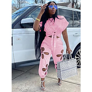 KEYUFANG Women 2 Piece Outfit Pullover Crop Top Cinch Bottom Sweatpants Sweatsuit Pink Workout Outfit Set for Women