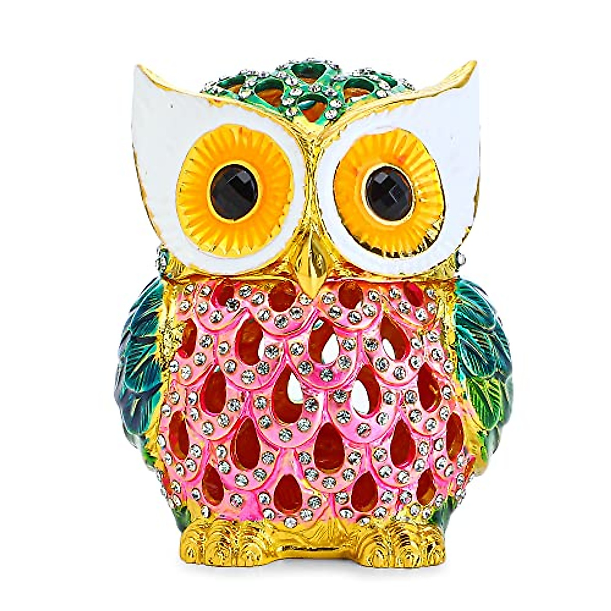 YU FENG 2.9inch Hollow Owl Trinket Box Hinged Hand-painted Enamel Jewelry Organizer with Crystals Ring Earrings Storage Novelty Animal Figurine Collectible