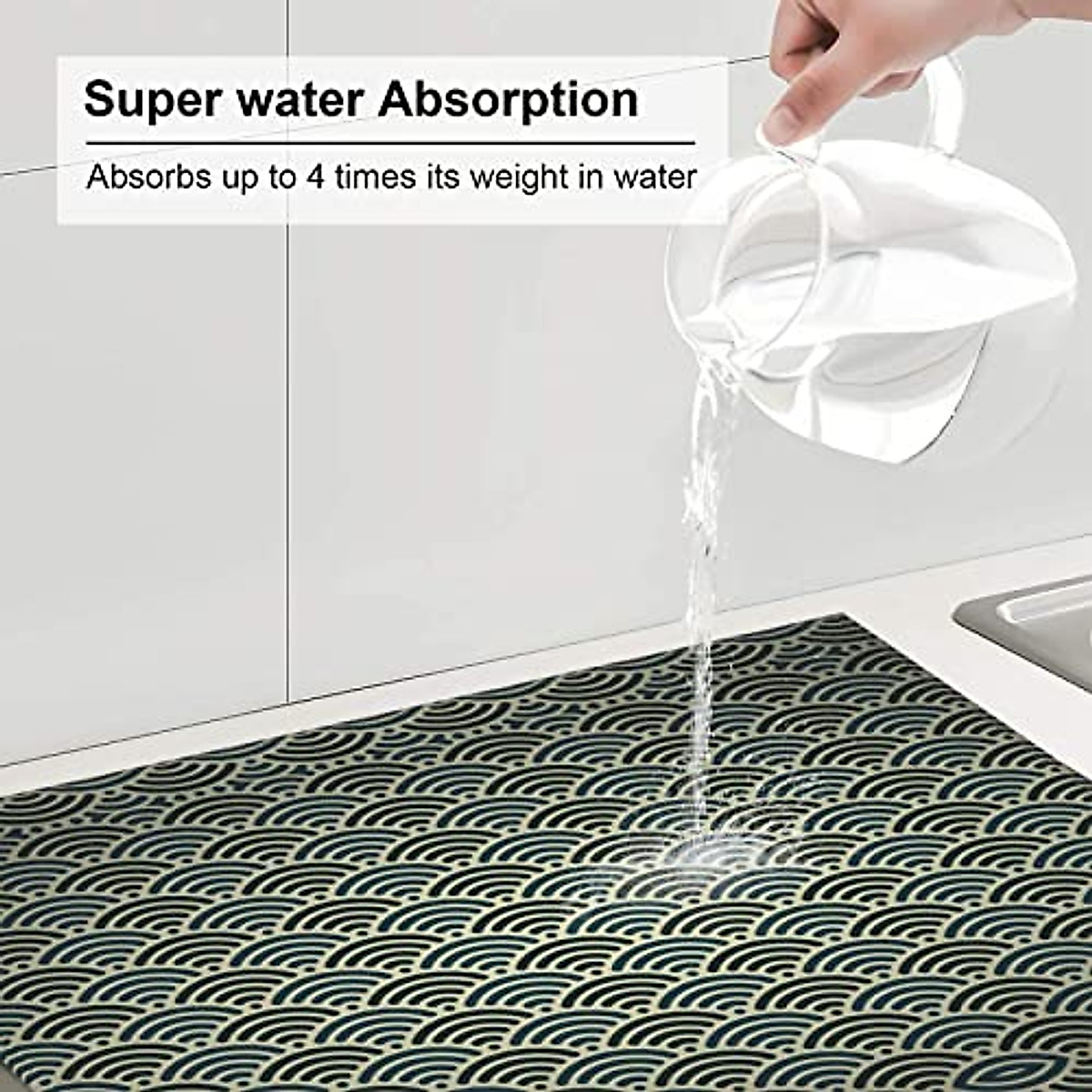 Japanese Pattern Printed Drying Mat For Kitchen Ultra Absorbent Microfiber Dishes Drainer Mats Non-Slip Silicone Quick Dry Pad - 18 X 16inch