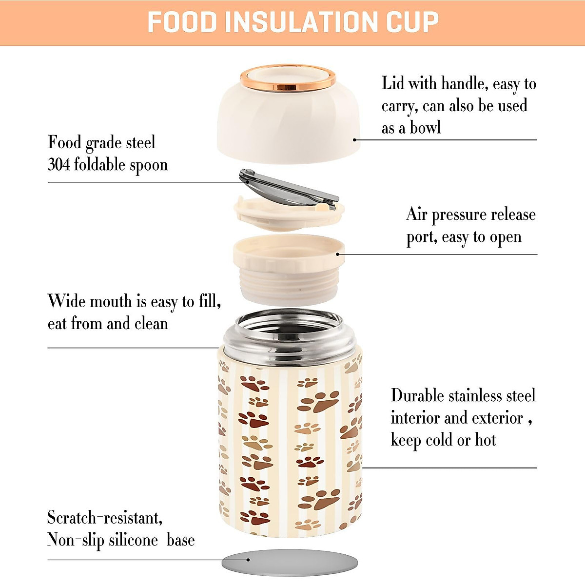 CUPADA Brown Golden Dog Paw Food Jar for Hot and Cold, Puppy Stripes Insulated Food Jars Vacuum 17OZ with Folding Spoon for Work Trip Picnic Camping