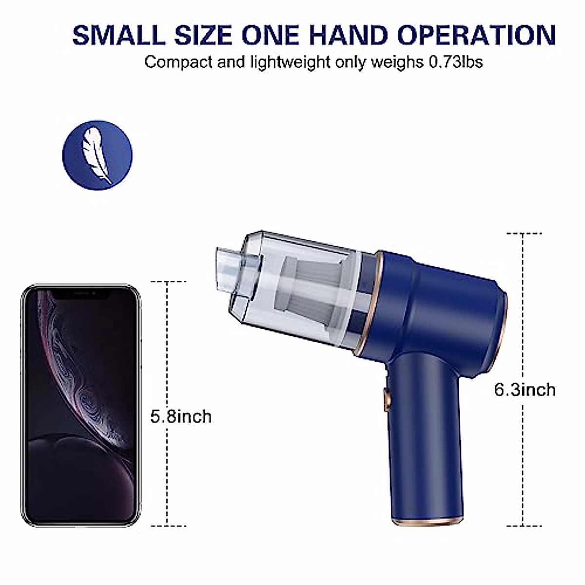 YKSINX Handheld Vacuum Cordless, Car Vacuum Cleaner, USB Rechargeable Portable Mini Vacuum with Suck and Blow 2 in 1（Blue）