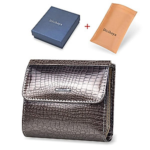 Dicihaya Women Small Compact Bifold Genuine Leather Wallet Ladies Mini Purse with ID Window Coin Pocket (Silver)